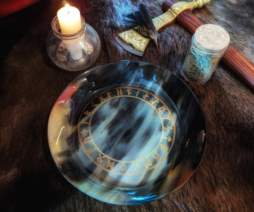 Elder Futhark Engraved Rune Horn Offering Plate Norse Pagan Altar Plate ...