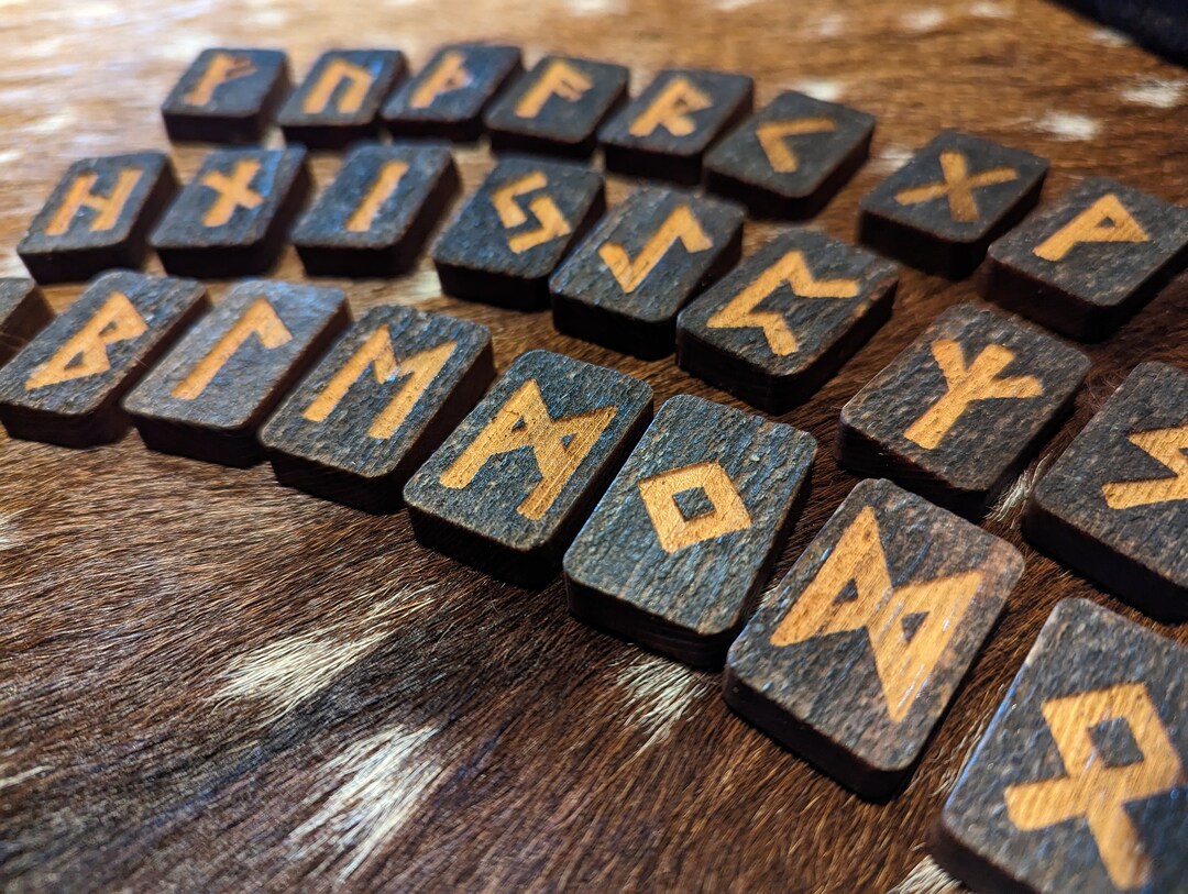 Elder Futhark Rustic Black Runes Pine Wood Heathen Asatru Rune Divination Set of 24 Viking Rune ...