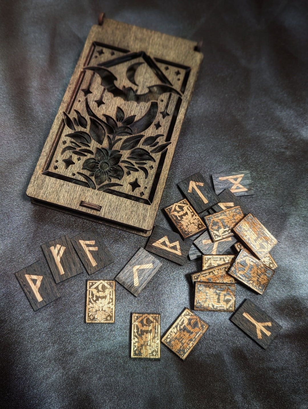 Moon, Bat, and Night Blooming Flower Runes and Box | Viking Runes ...
