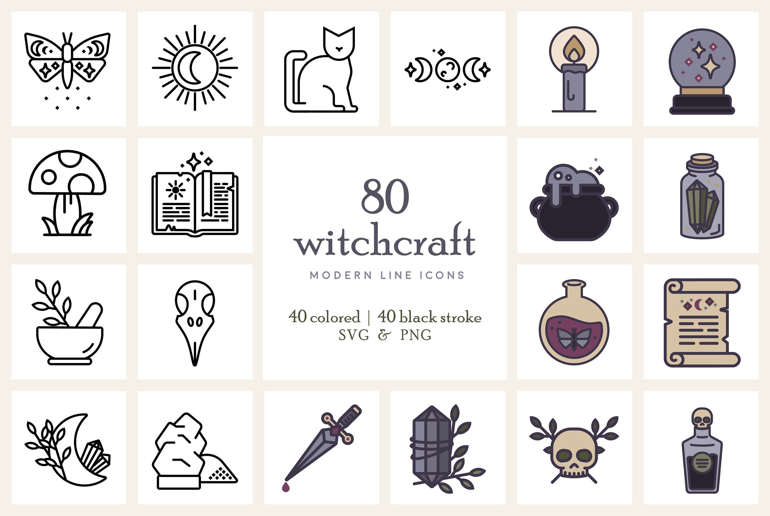80 Witchy Modern Line & Color Icons SVG and PNG Witchcraft Magical ...