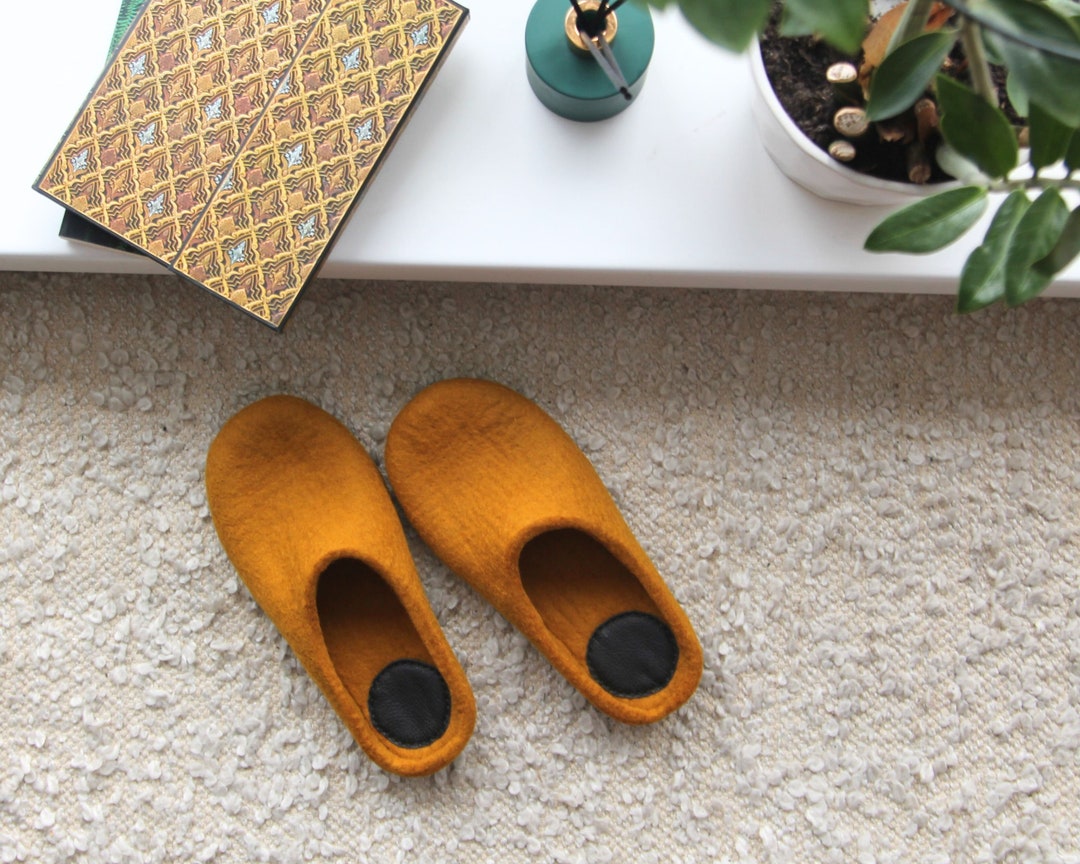Mustard Cozy Wool Slip on Slippers Women, Handmade Warm Ladies Slipper ...
