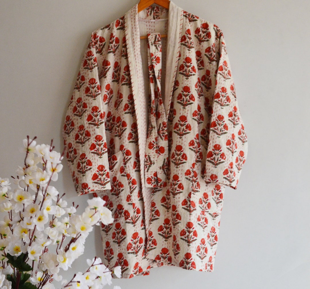 Leaf Hand Block Print Jacket, Indian Handmade Kantha Jacket, Women Party Wear Dress, Light ...