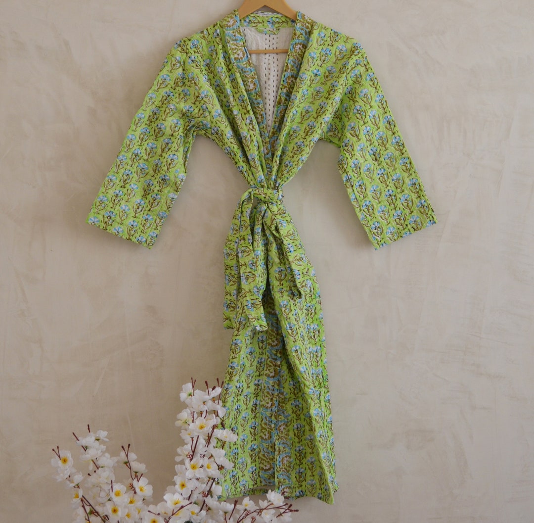 Hand Block Print Hand Quilted Robe Sanganeri Floral Print House Coat ...