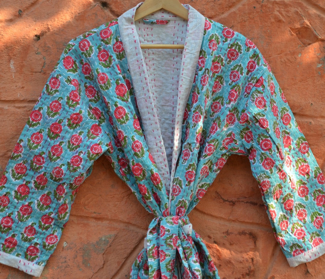 Block Print Cotton Kantha Bathrobe, Indian Hand Stitch Kantha Quilt ...