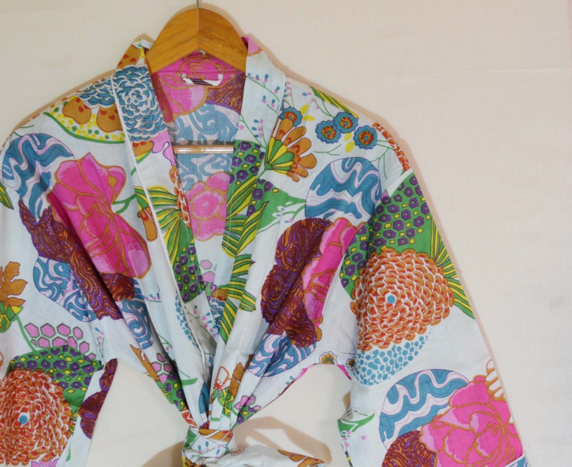 Hand Block Print Kimono Cotton Dressing Gown Hand Block | Etsy
