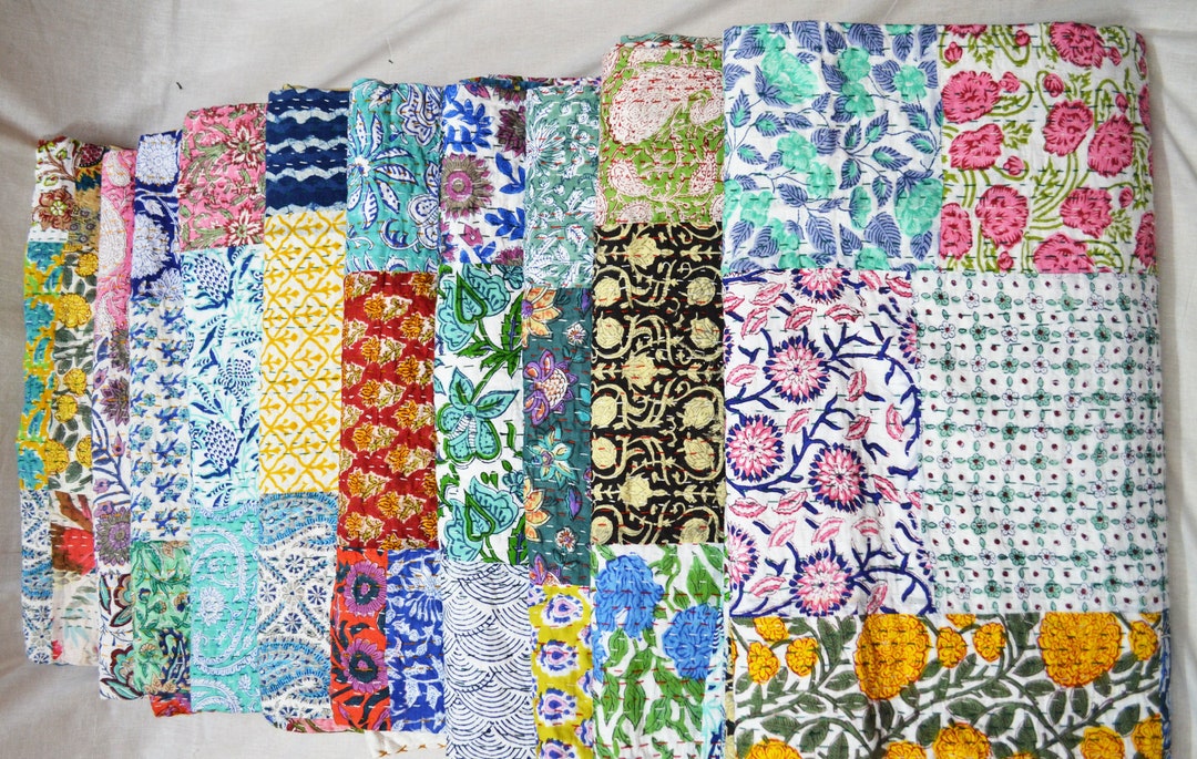 Lot of Patchwork Mix Kantha Quilt Queen Size Bedding Bedspread Kantha ...