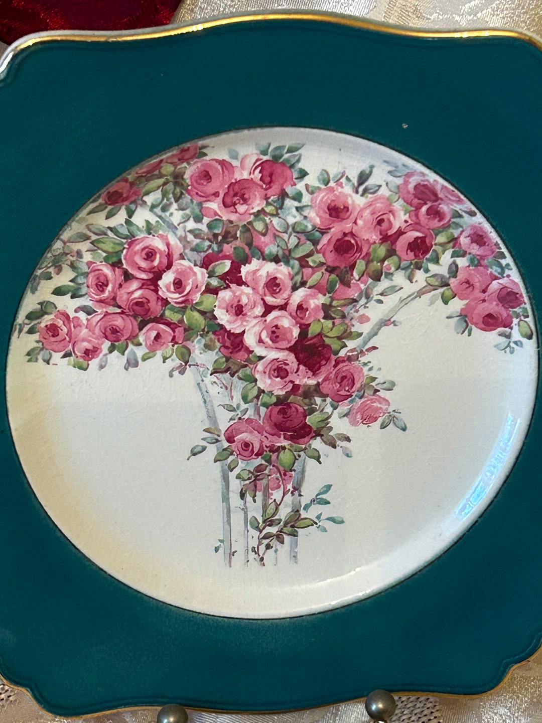 Royal Winton Plate Square With Green Border Spray of Flowers Roses - Etsy