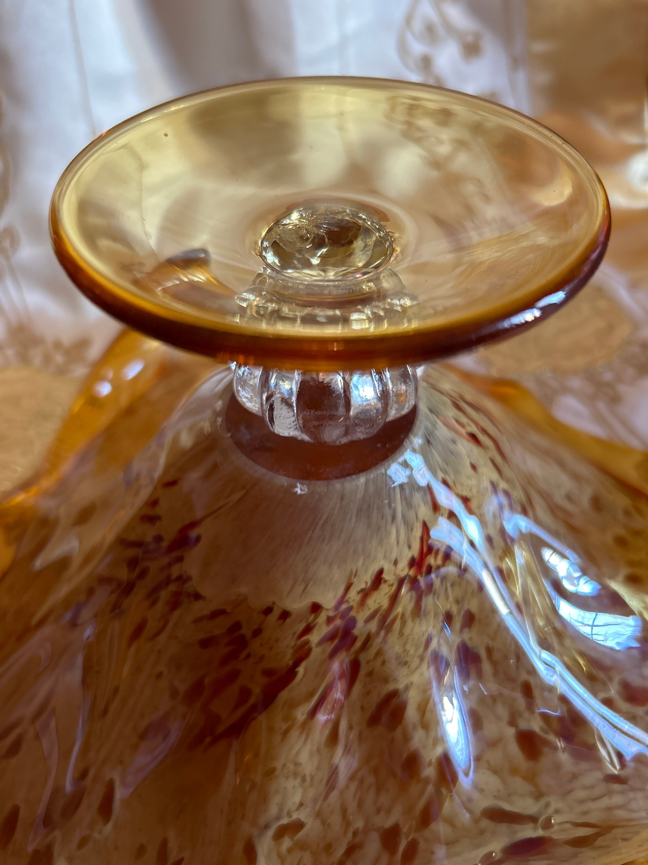 White Cristal Amber Glass Pedestal Bowl With Scalloped Edges Made in ...