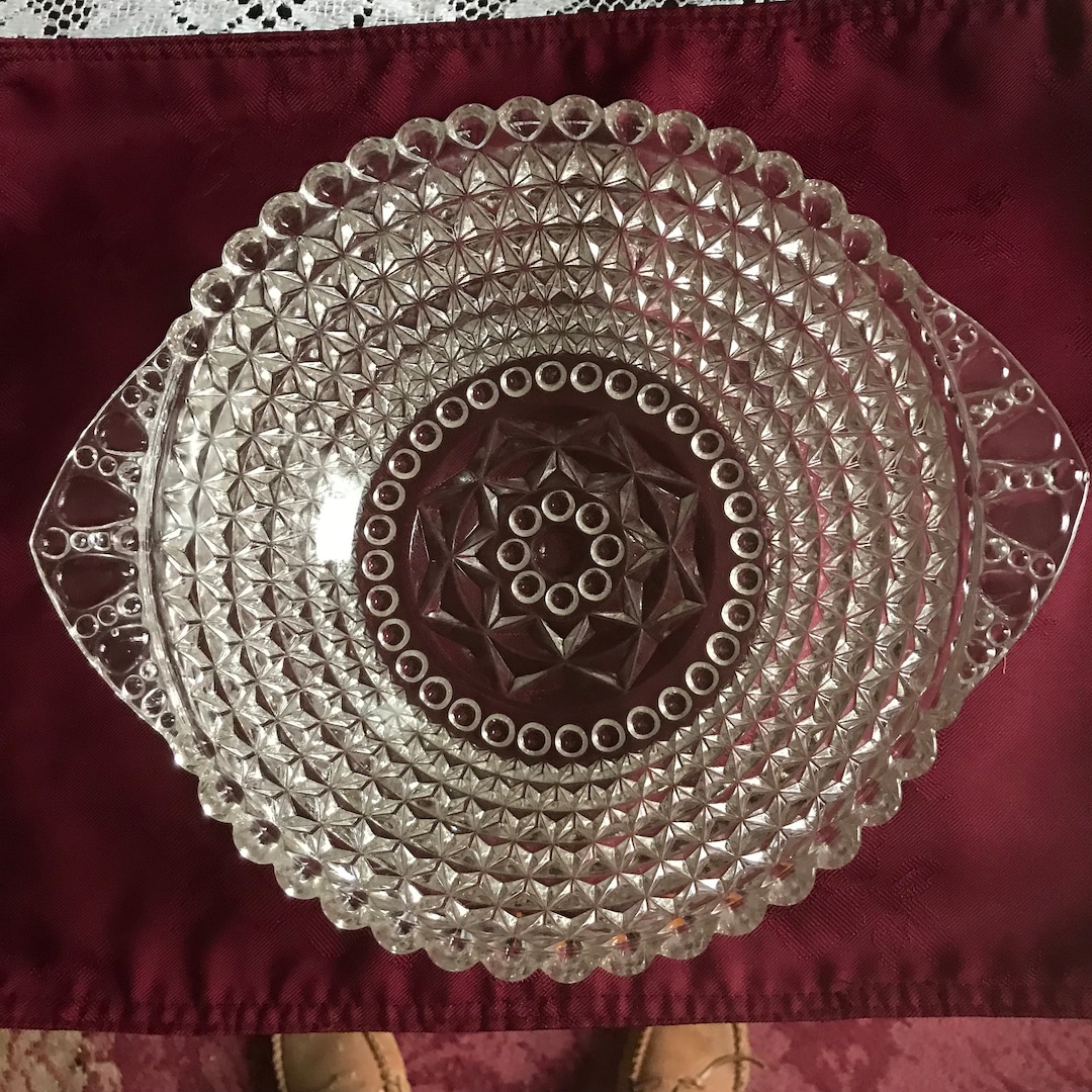 Bowl Diamond Point and Beaded Rim Clear Glass 8.5" Handled Serving Bowl ...