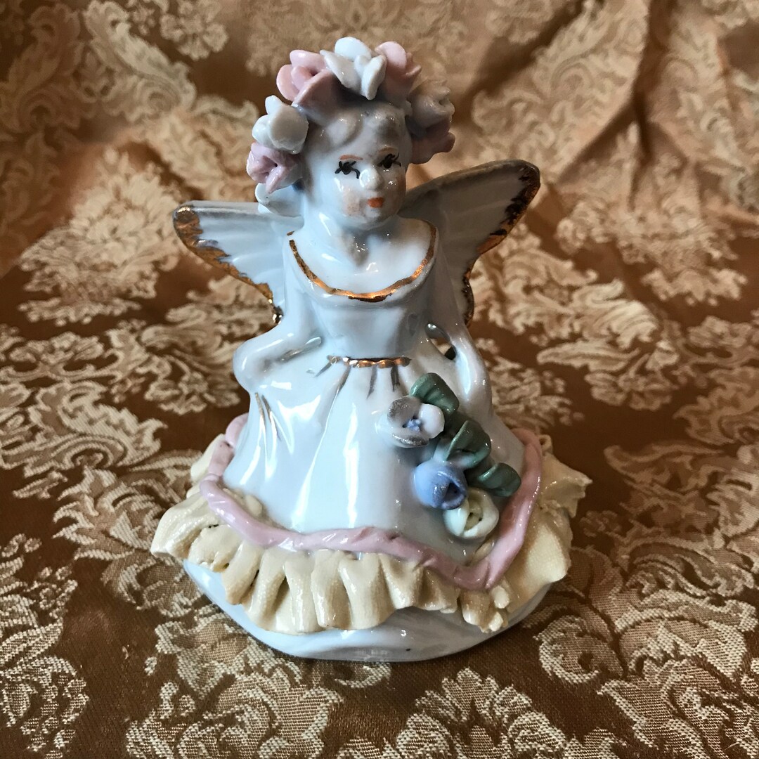 ANGEL Figurine Sweet Midcentury With Pink & Blue Rosebuds White Ceramic ...
