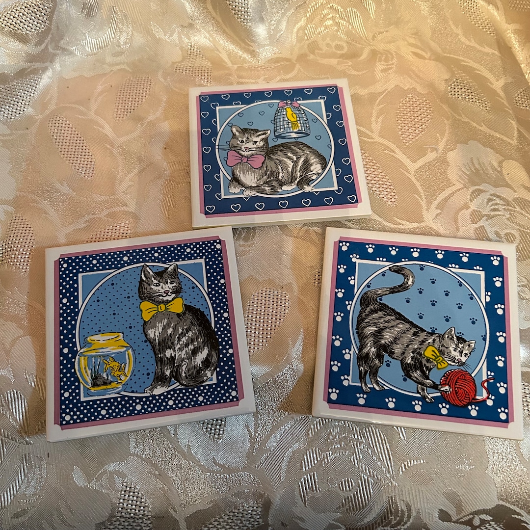 Cat Tile Trivet Set of 3 Vintage Cathay Cats in Bowties Trivets Wall ...