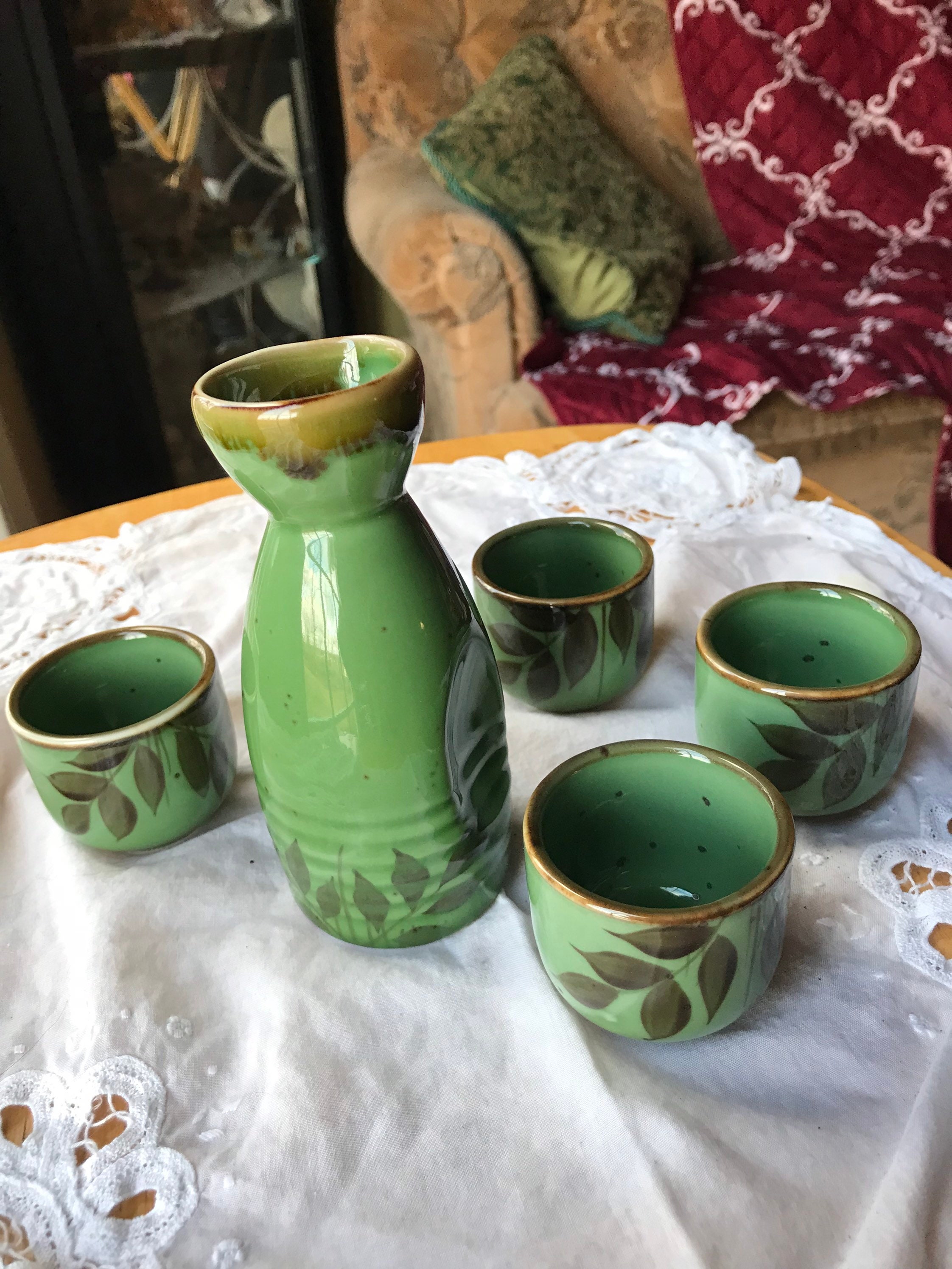 Saki Set Pitcher & 4 Cups Complete Set Great Condition Green - Etsy