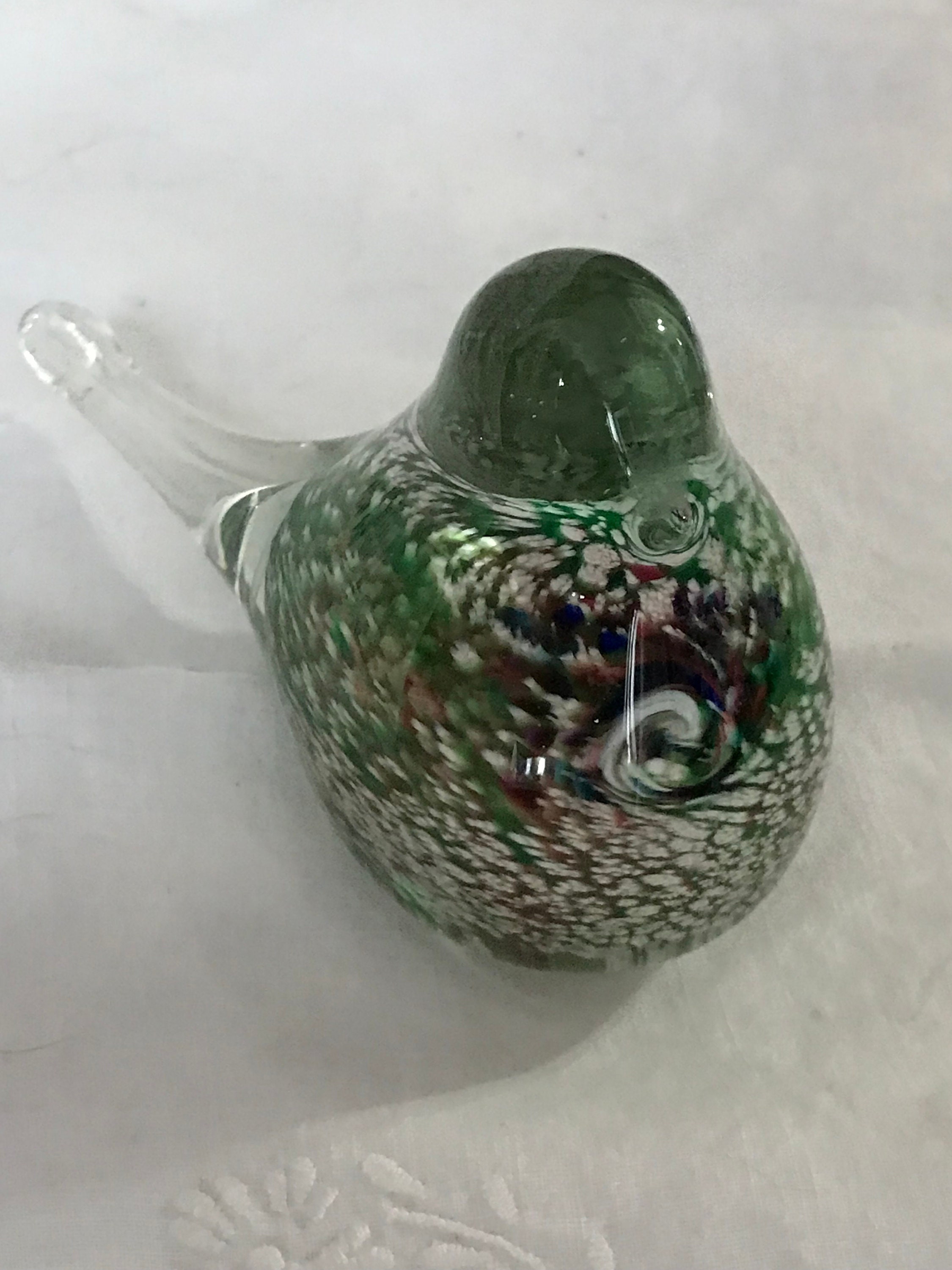 Art Glass Bird Paperweight Green Clear Purple Signed - Etsy