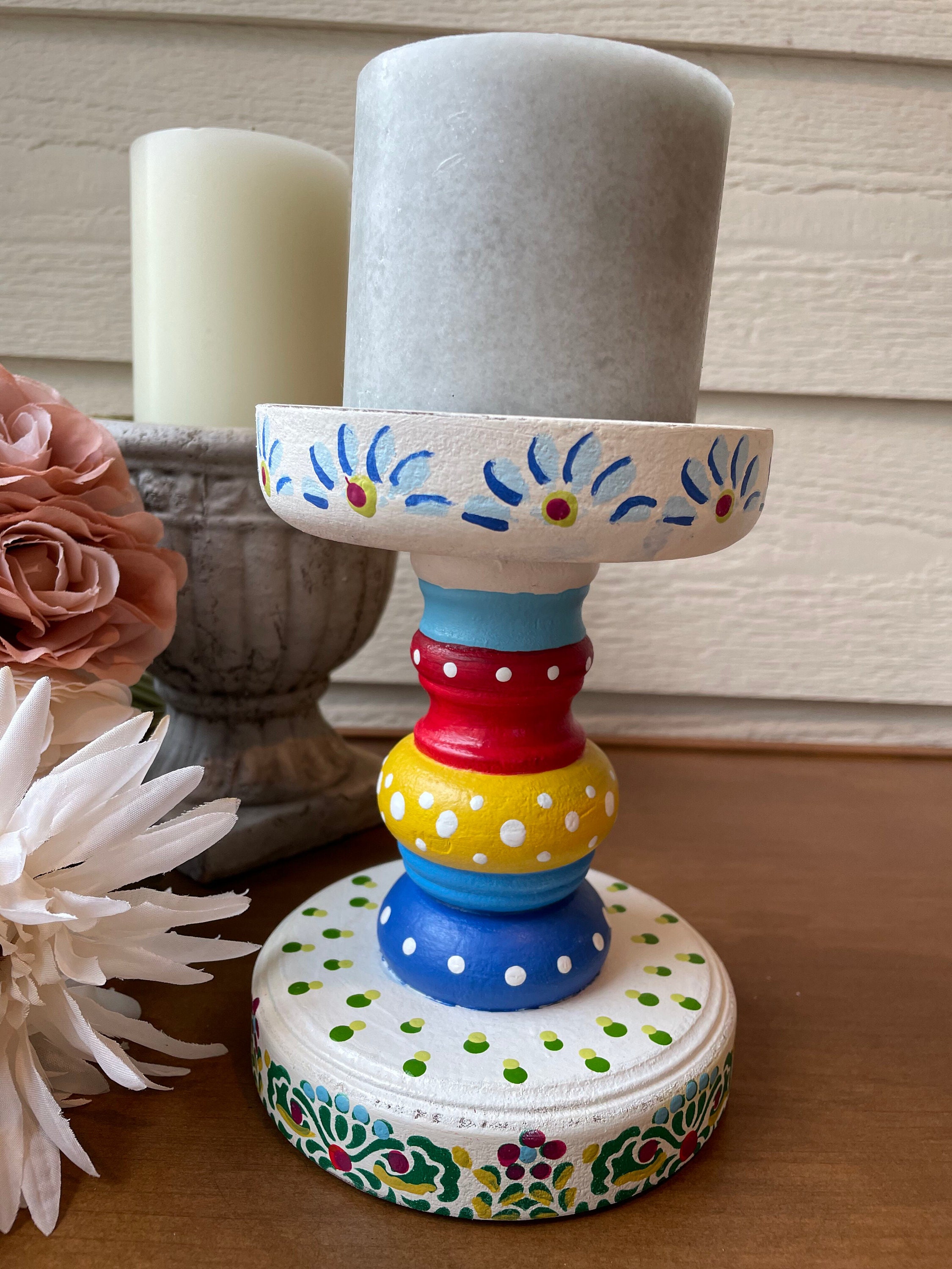 Hand Painted Wood Candleholder: Avant-garde Boho Multi-color Home Decor ...