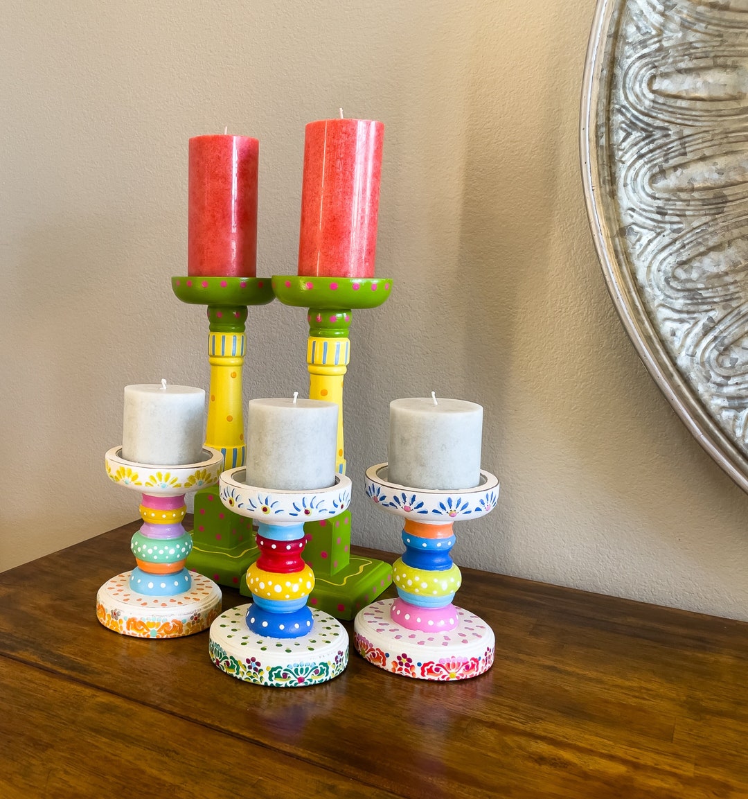 Avant-garde Accent Color Wood Candleholder Hand Painted With Multi ...