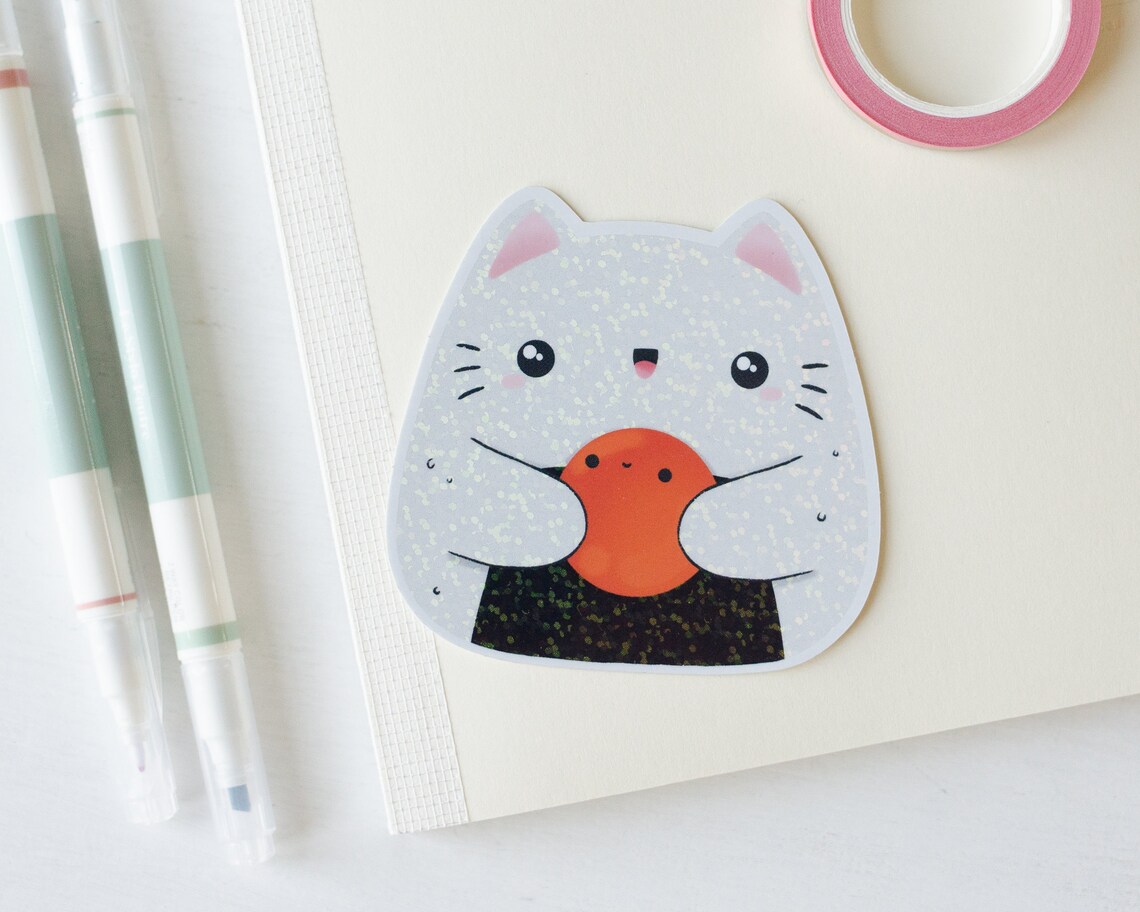 Kitty Rice Ball Sticker Cute Glitter Die-cut Sticker - Etsy