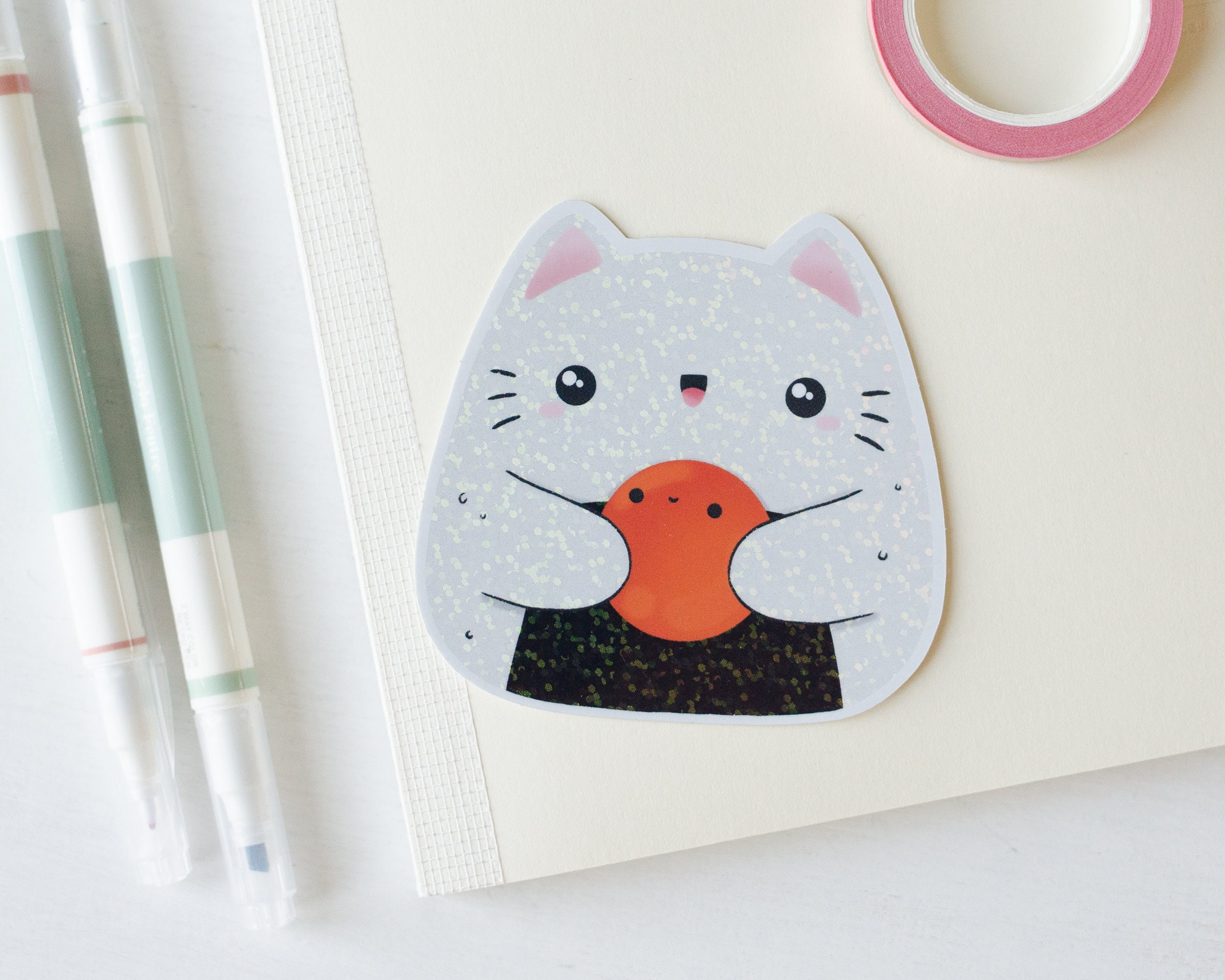 Kitty Rice Ball Sticker Cute Glitter Die-Cut Sticker | Etsy