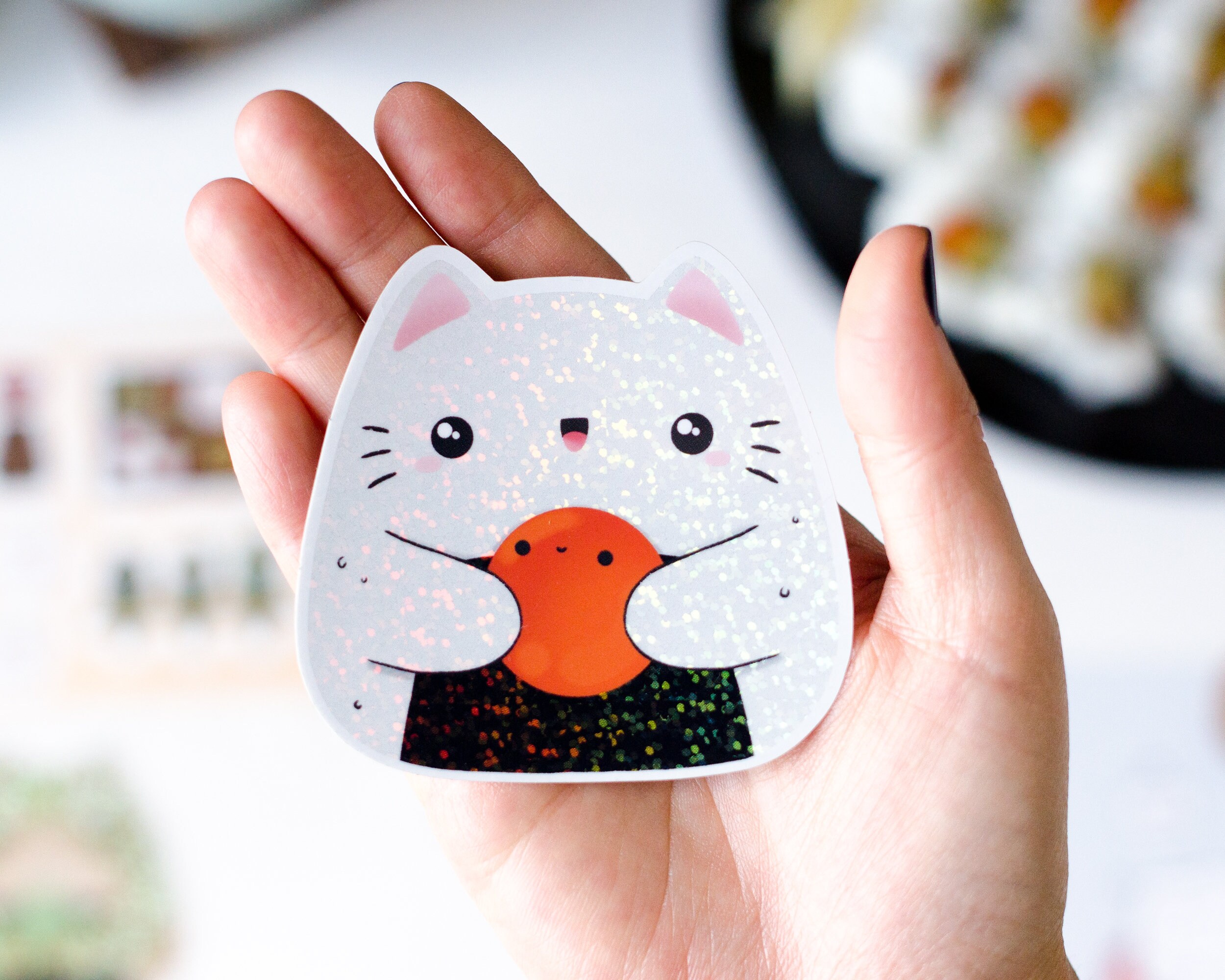 Kitty Rice Ball Sticker Cute Glitter Die-Cut Sticker | Etsy