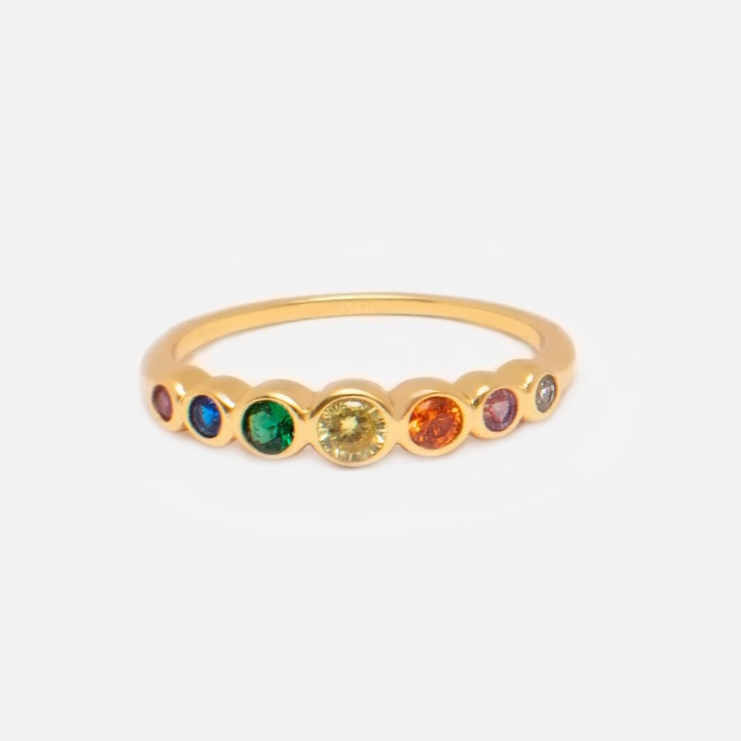 Gold Rainbow Ring, Thin Gold Ring, 7 Stone Ring, Dainty Bezel Stone ...