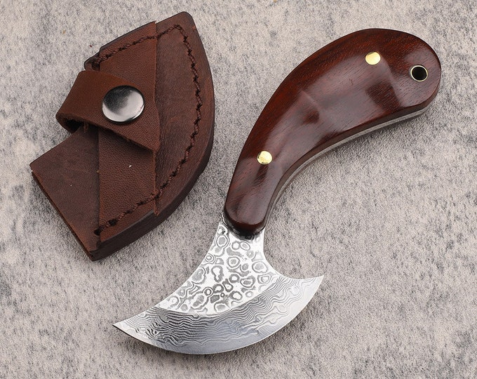 Small Damascus Round Head Knife Leather Craft Cutter Rosewood Handle ...