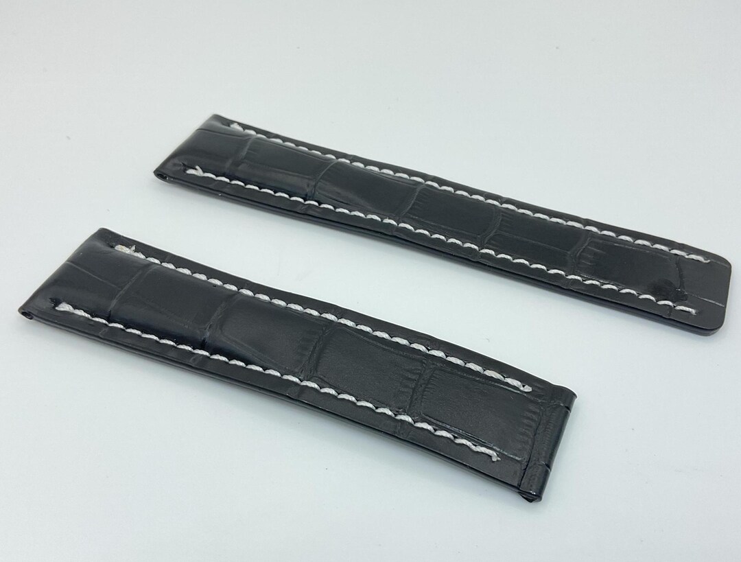 22mm Black Leather Strap Deployment Watch Band for Breitling NAVITIMER ...