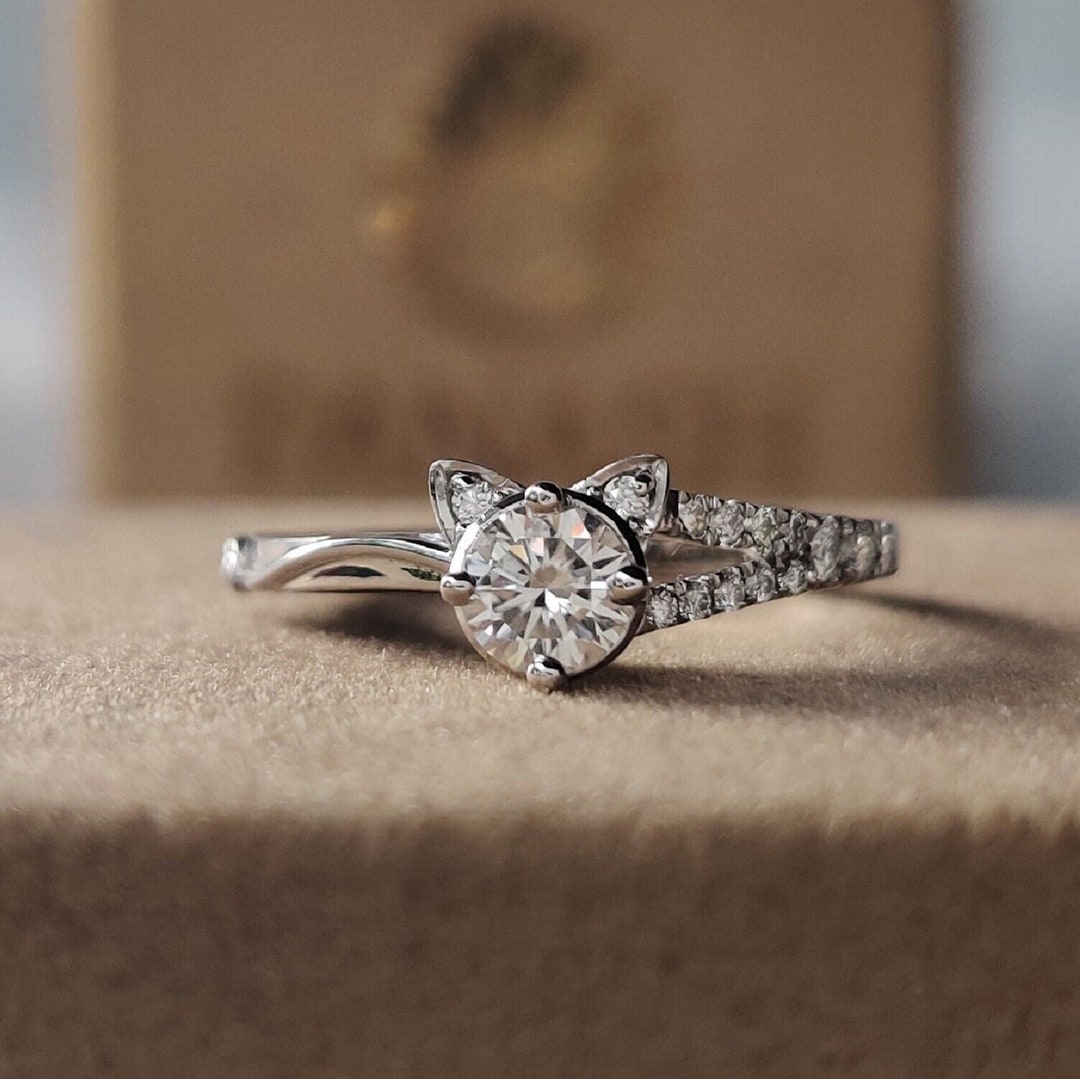 Dainty Moissanite Kitten Ring: Sterling Silver Cat Engagement Ring - Etsy