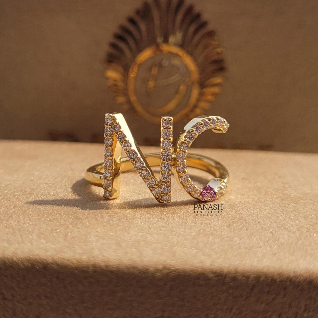 Personalized Two Letter Ring 14K Yellow Gold Round Cut Moissanite N & C ...