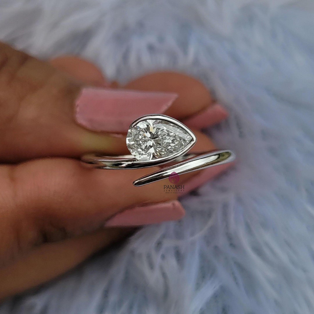 1CT Pear Shaped Engagement Ring, Moissanite Diamond Ring, Bypass Half ...