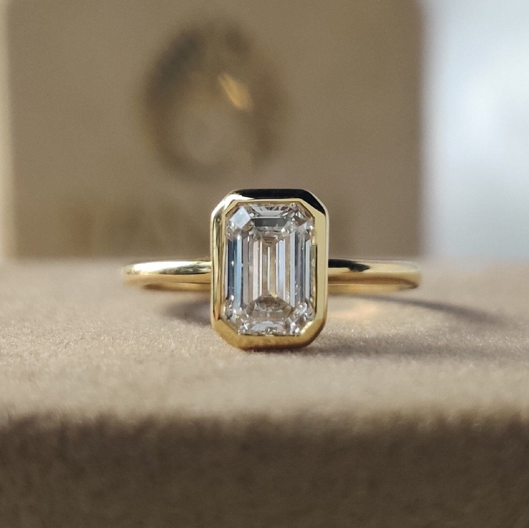 1 Carat Emerald Cut Lab Grown Diamond Bezel Solitaire Engagement Ring, 14k Yellow Gold Wedding ...