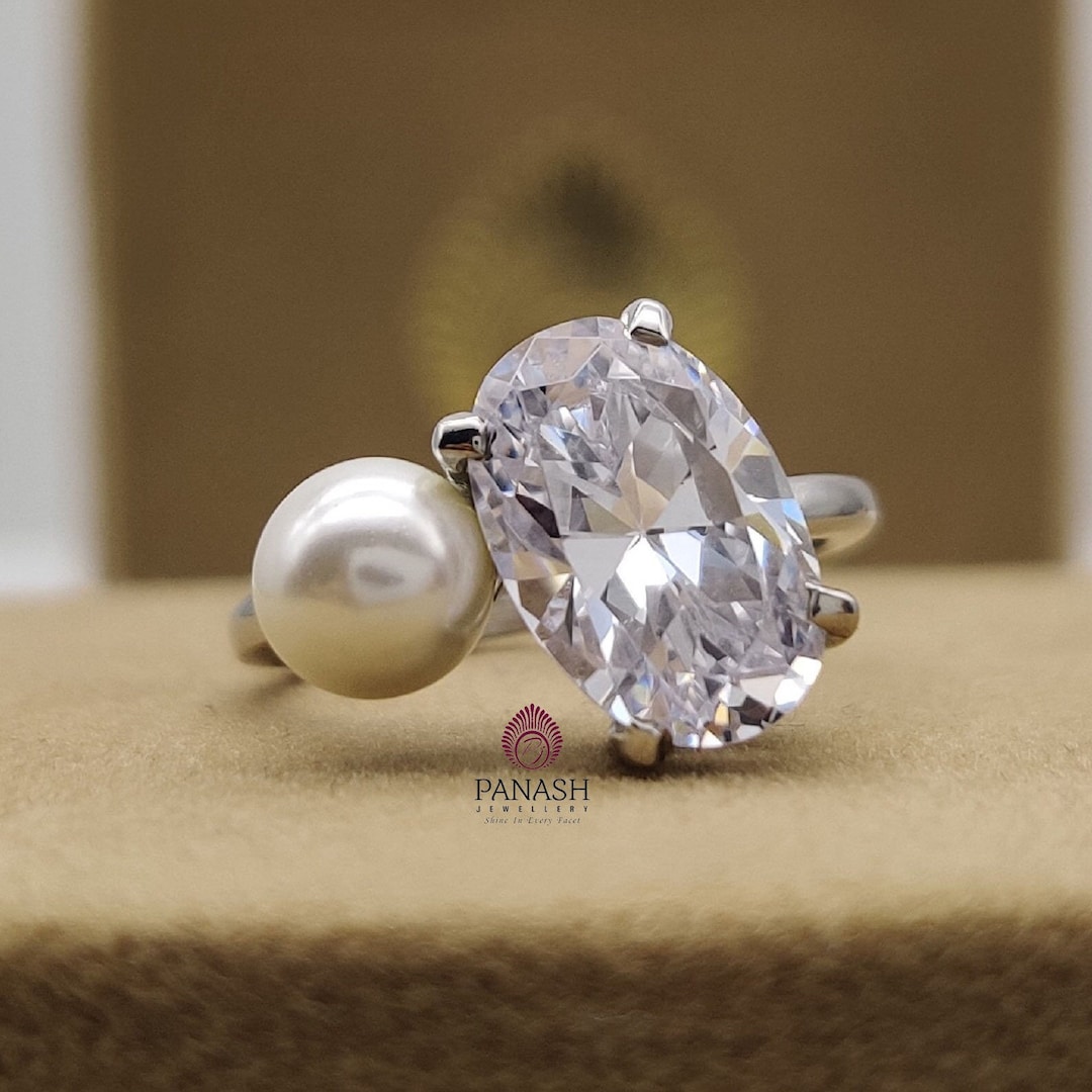 Toi Et Moi Pearl Engagement Ring Two Stone Oval Cut Moissanite Diamond ...