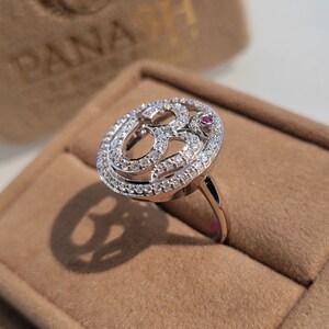 OM Diamond Ring, Round Cut Moissanite Halo Ring, 14K White Gold, Meditation Ring, Unisex Ring ...