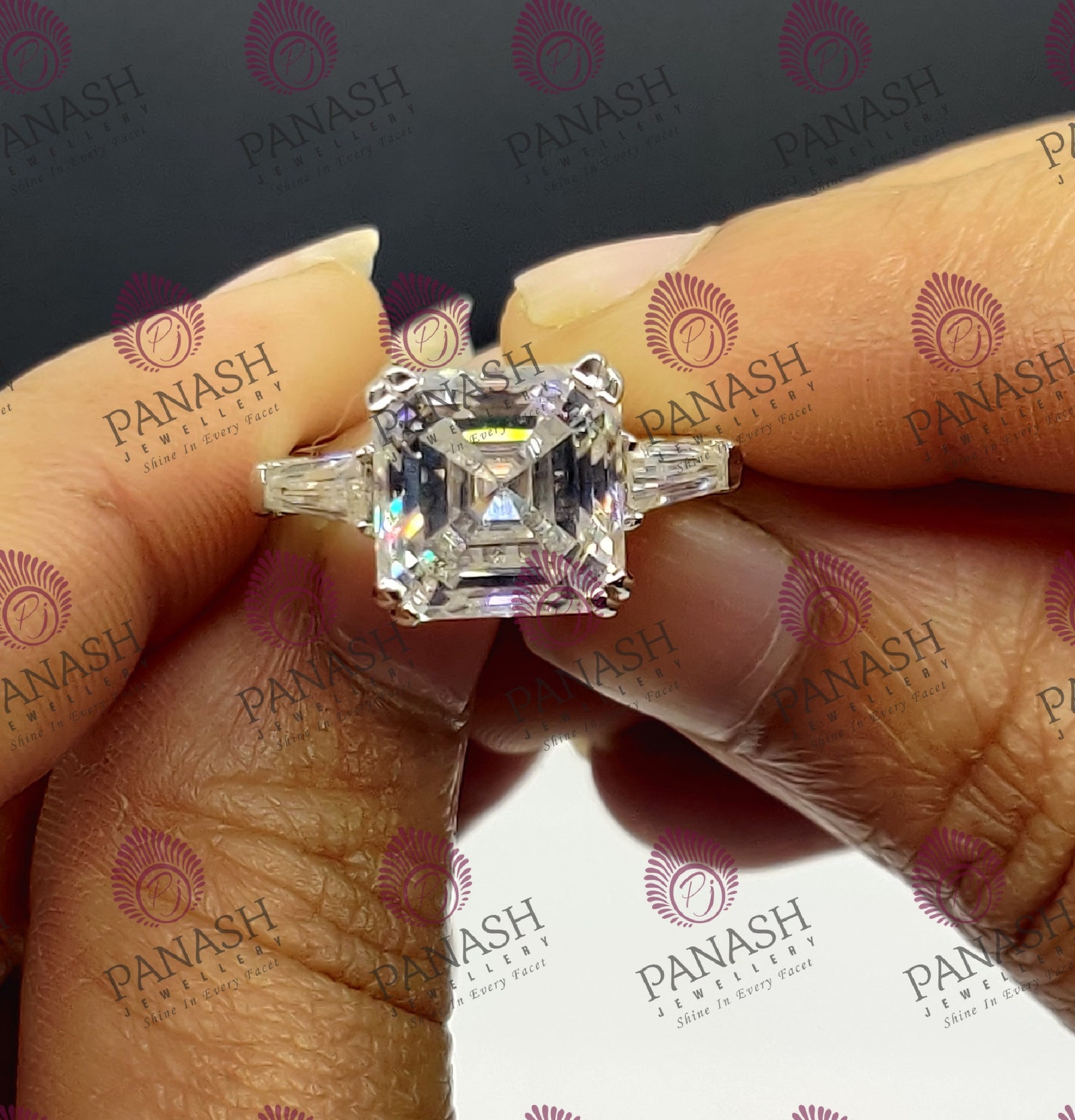 ASSCHER CUT Moissanite Ring With Diamond Baguette 3 Stone | Etsy