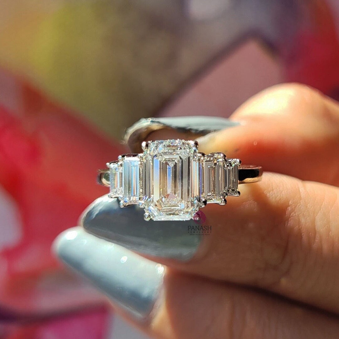 Unique Emerald Cut Engagement Ring, Hidden Halo Bridal Ring, 14K White ...