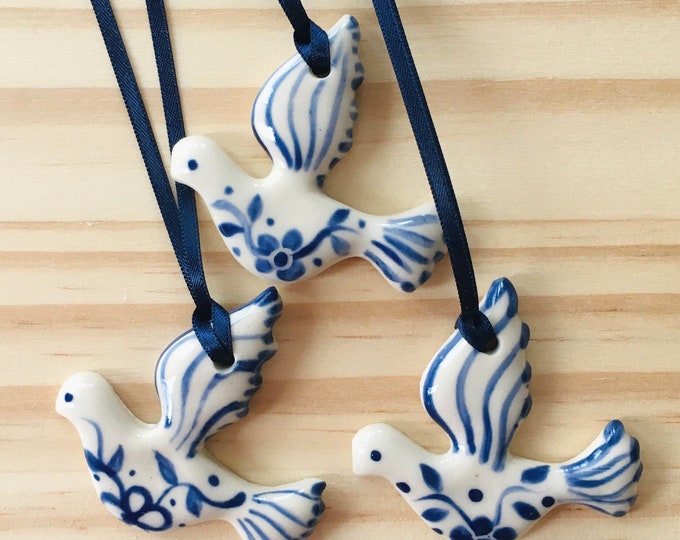 SET of 3 Ceramic Dove Gift Tag Mini Dove Ornament Blue and - Etsy