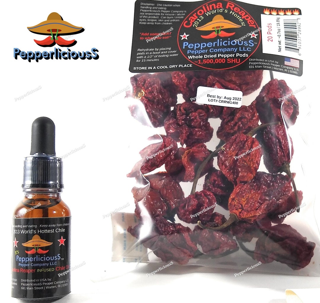 20 Dried CAROLINA REAPER Pepper Pods & 1/2 Ounce Bottle Infused ...