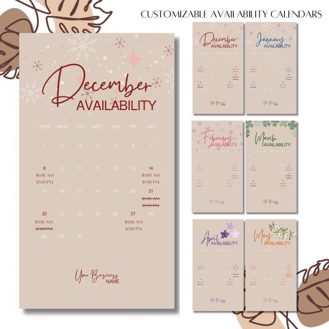 Monthly Availability Calendar Template, Social Media Availability ...