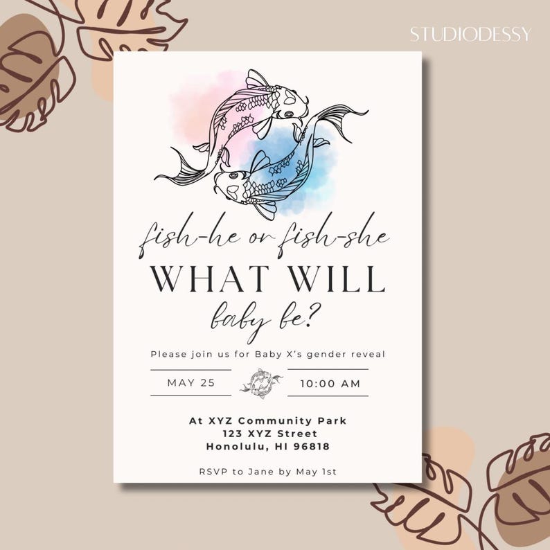 Fish-he or Fish-she Gender Reveal Invitation Template, Fish Theme ...