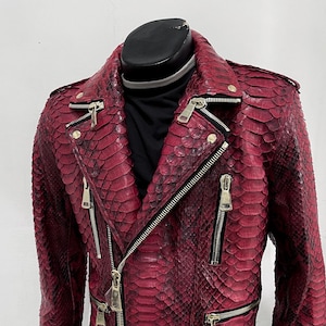 Man’s Red King Python Leather Jacket, Snakeskin Biker Jacket, Custom ...