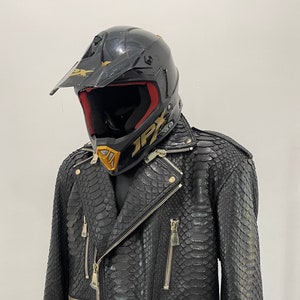 Man's Snakeskin Biker Jacket, Black King Python Leather Jacket for Men ...