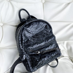 Snakeskin Backpack | Unisex Black Python Leather Backpack | Glossy ...
