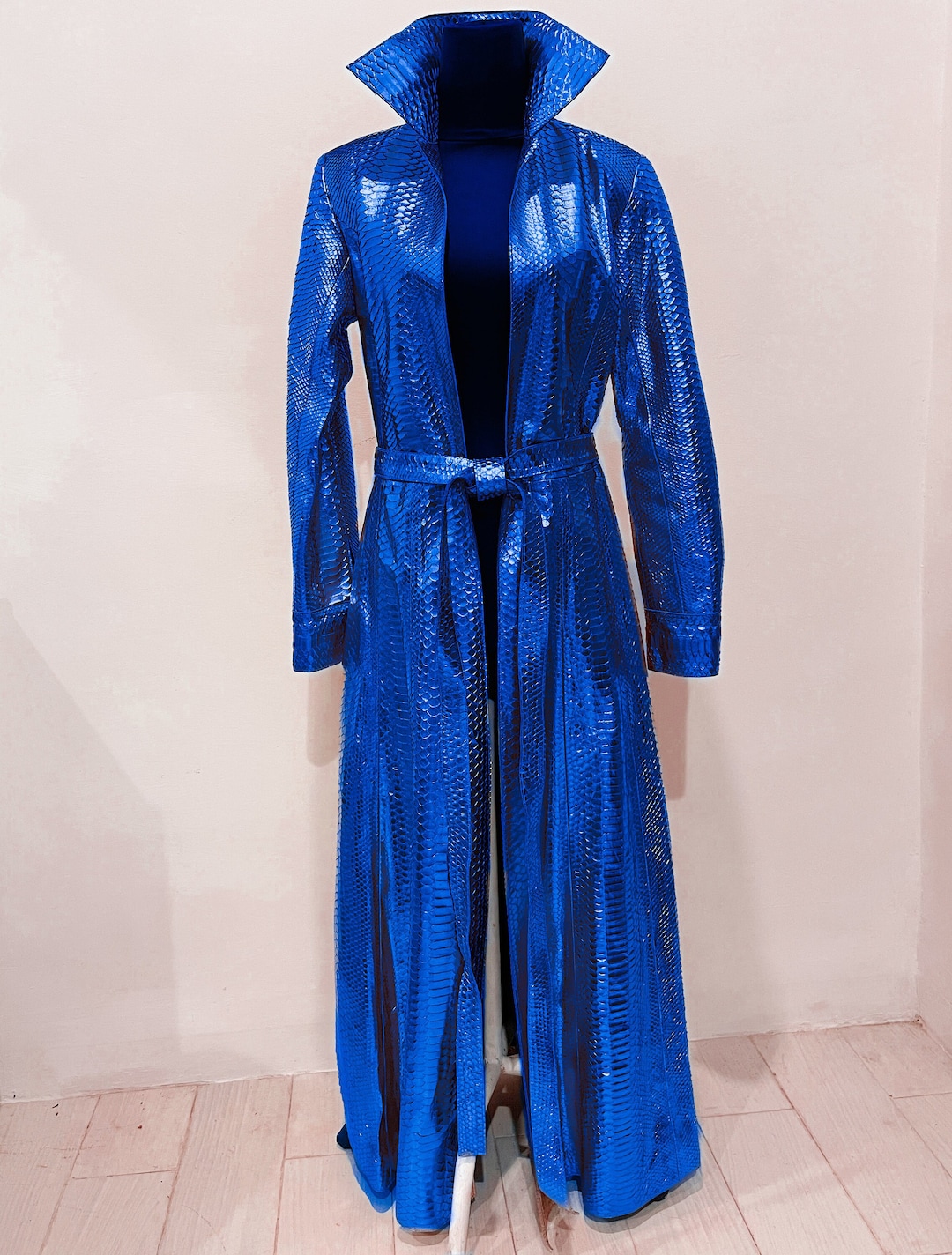 Woman’s Blue Metallic Snakeskin Coat, Python Leather Coat, Blue Python ...