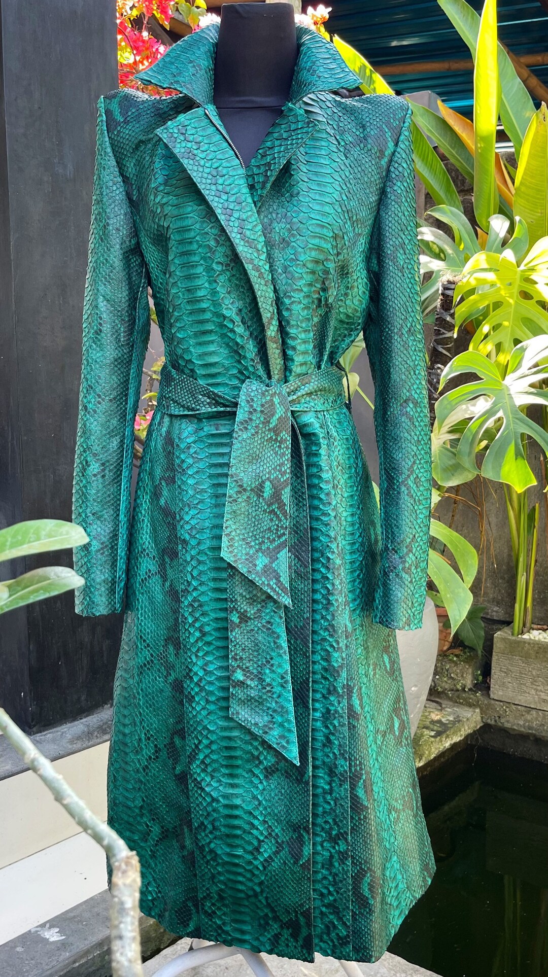 Snakeskin Long Womens Coat, Long Python Leather Trench, Emerald Leather ...