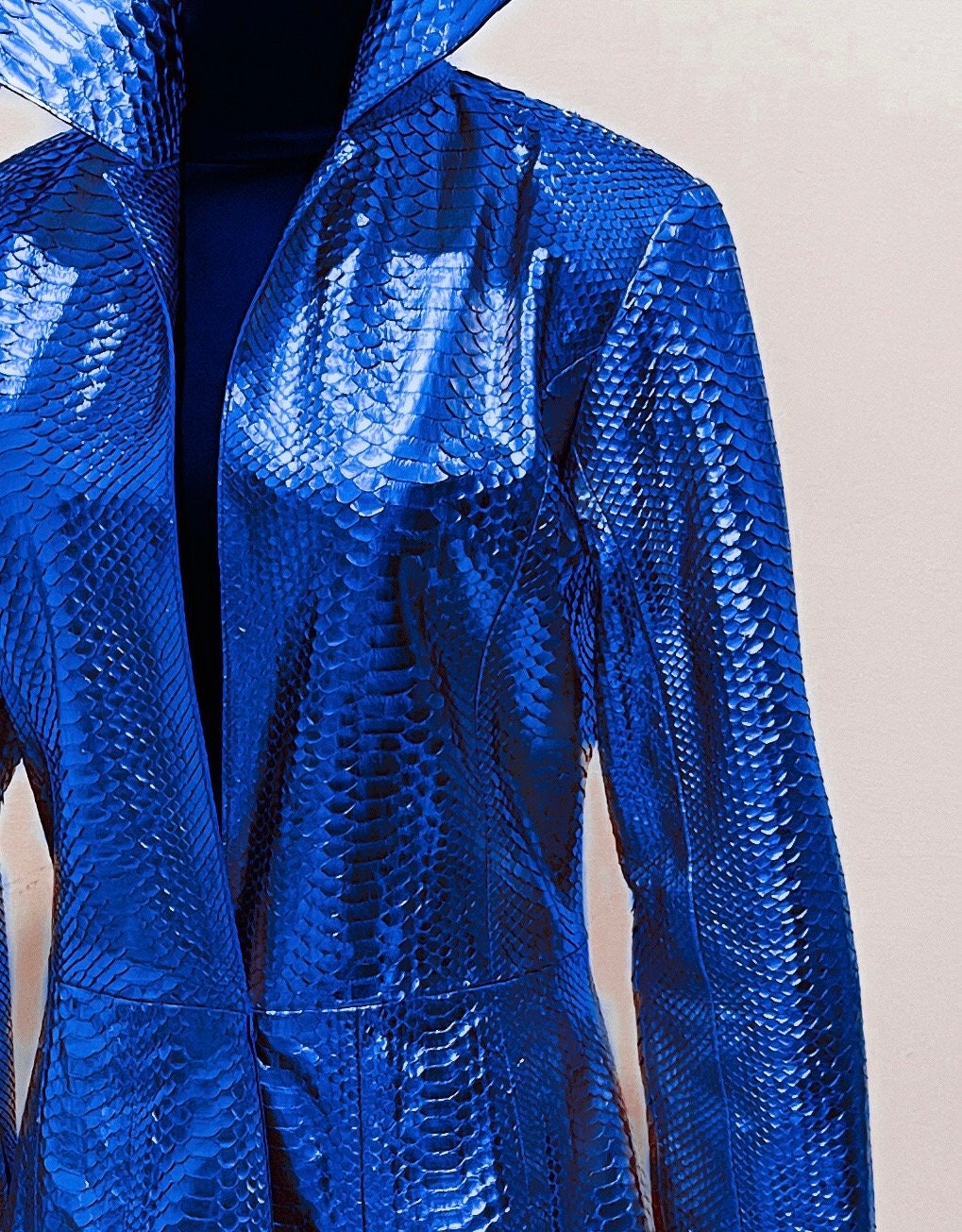Woman’s Blue Metallic Snakeskin Coat, Python Leather Coat, Blue Python ...