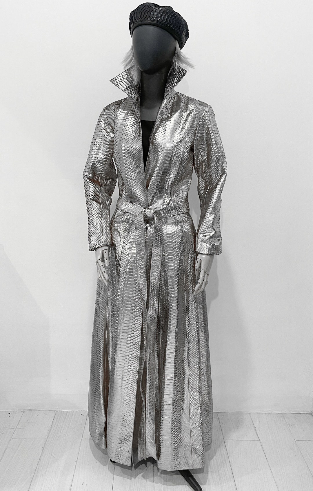 Woman’s Silver Metallic Snakeskin Coat, Python Leather Coat, Silver ...