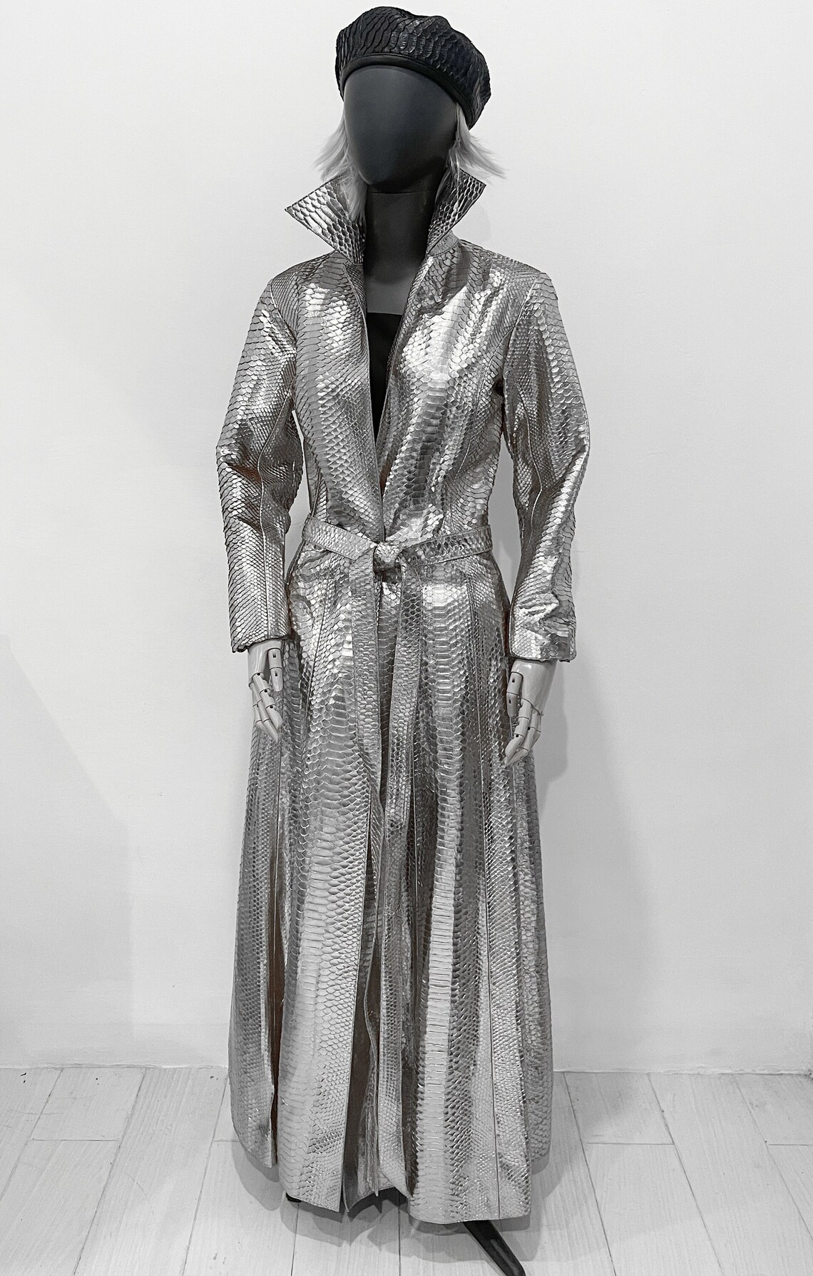 Woman’s Silver Metallic Snakeskin Coat, Python Leather Coat, Silver ...