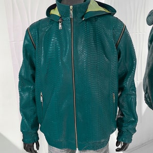 Man's Hooded Snakeskin Jacket Vest, Green Python Leather Jacket ...