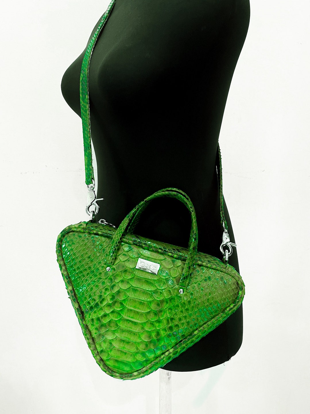 Trigon Python Leather Bag, Snakeskin Crossbody Purse, Green Python ...