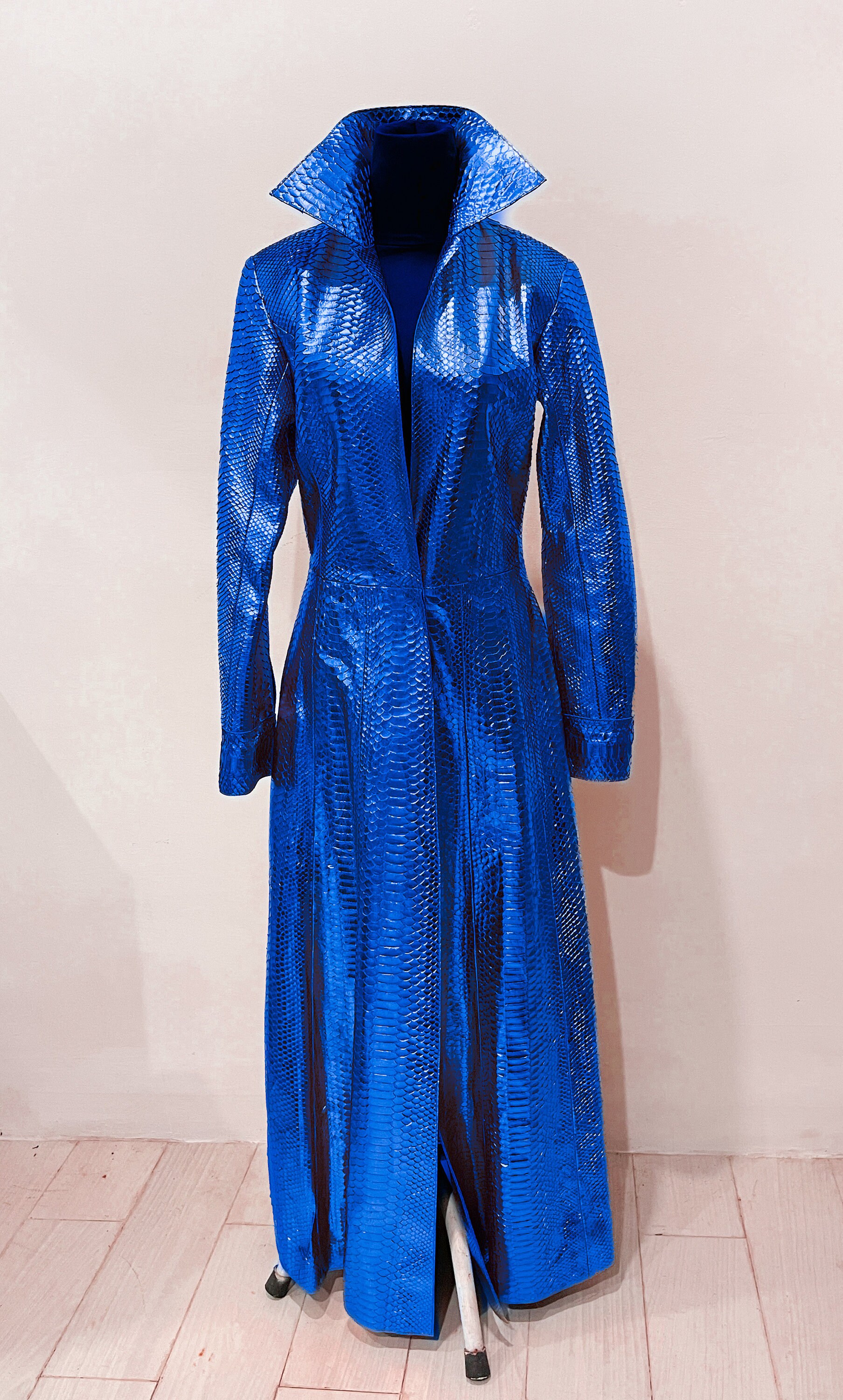 Woman’s Blue Metallic Snakeskin Coat, Python Leather Coat, Blue Python ...