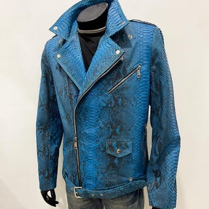 Custom Man’s Snakeskin Biker Jacket, Motor Python Leather Jacket, Blue ...
