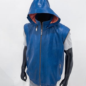 Man's Hooded Snakeskin Vest, Blue Python Leather Jacket, Snakeskin Vest ...